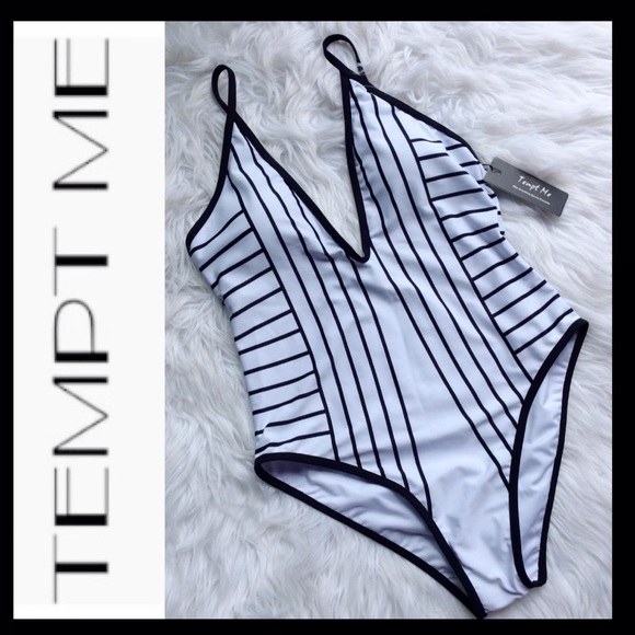 Tempt Me | Swim | Bnwt Striped Plunging Neck Swimsuit | Poshmark